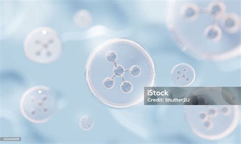 파란색 액체 혈청 배경에 비타민 거품 내부의 분자 원자 구조의 근접 촬영 화장품 스킨 케어 또는 인간의 피부 치료 및 솔루션 3d 일러스트 렌더링 세포에 대한 스톡 사진 및