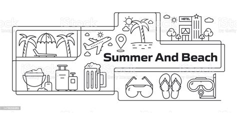 여름과 해변 아이콘이 있는 현대적인 라인 배너 호스텔 아이스크림 바닷가 여권 바다 개체 그룹에 대한 스톡 벡터 아트 및 기타 이미지 Istock