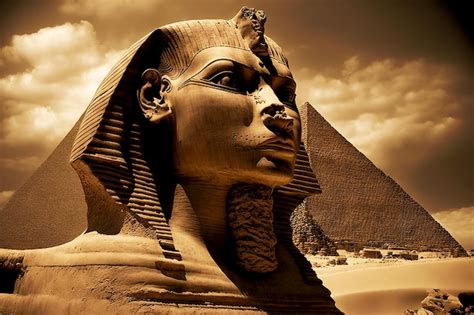 고대 이집트 피라미드 사이에 있는 거대한 석조 스핑크스 프리미엄 사진
