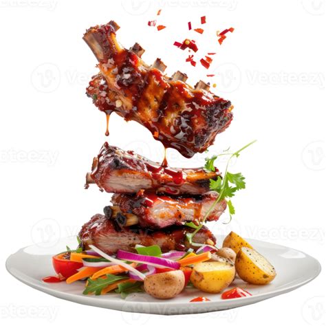 Floated Stack Of Pork Ribs With Salad And Potatoes Falling Into A Plate Isolate On Transparency