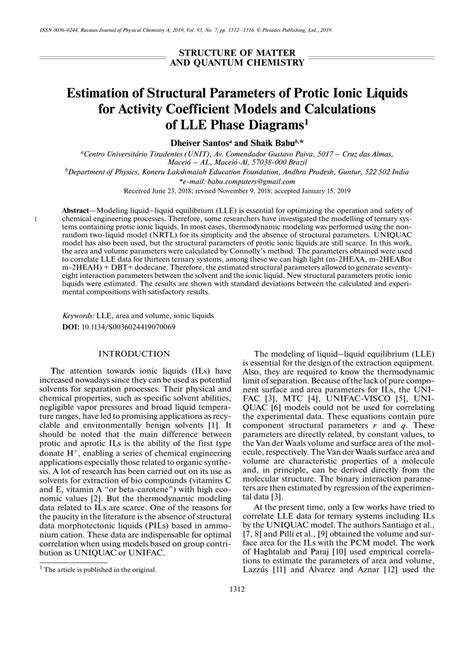 Pdf Estimation Of Structural Parameters Of Protic Ionic Liquids For Activity Coefficient