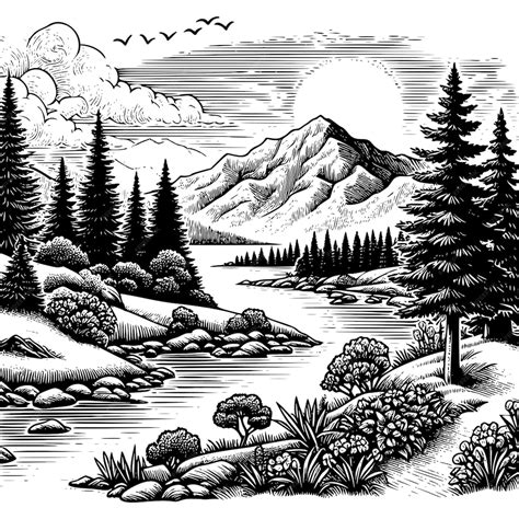Nature Landscape Drawing Black And White Line Art Premium Ai
