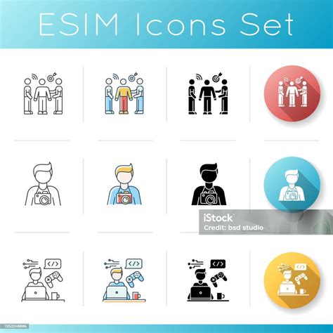 먼 작품 아이콘 세트 프리랜서 사진 작가 홍보 책임자 및 게임 개발자 사진 마케팅 및 프로그래밍 선형 검정 색 및 Rgb 색상 스타일 격리된 벡터 그림 상징에 대한 스톡