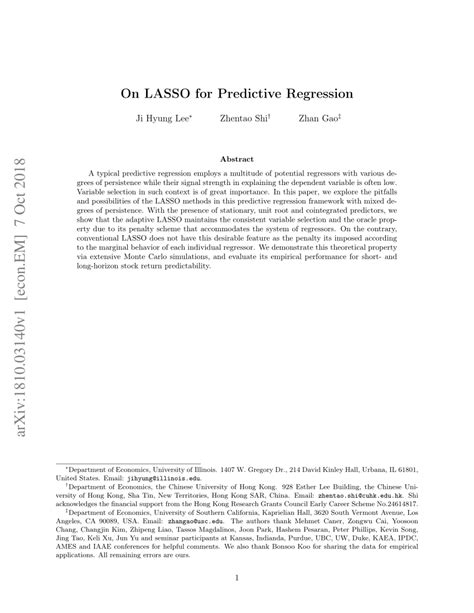 Pdf On Lasso For Predictive Regression