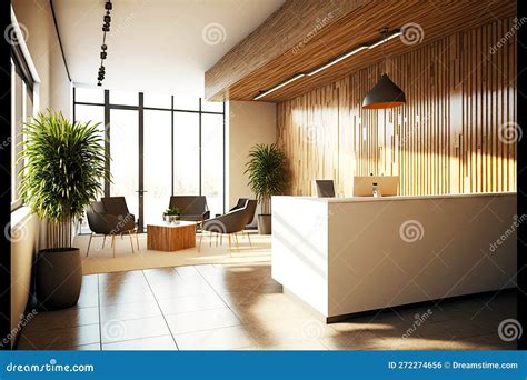 Interior Of Empty Reception In Office Is Made Using Wood And Light Furniture Stock Illustration