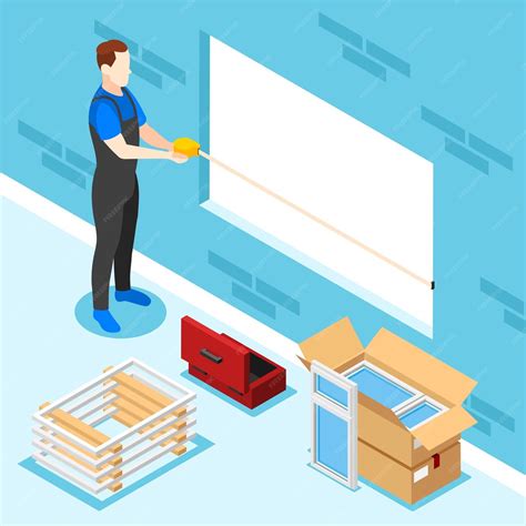 Изометрический фон пластиковых окон с рабочим делающим измерения векторной иллюстрации