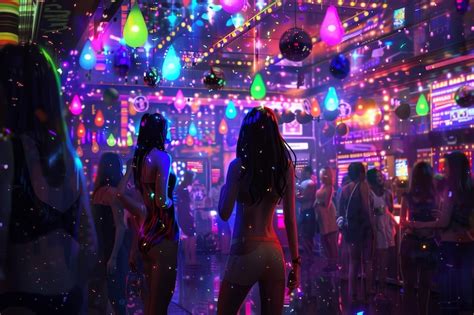 A Group Of Individuals Standing In A Room Filled With Colorful Neon