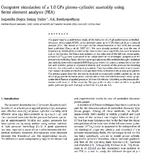 Pdf Computer Simulation Of A 1 0gpa Piston Cylinder Assembly Using Finite Element Analysis Fea