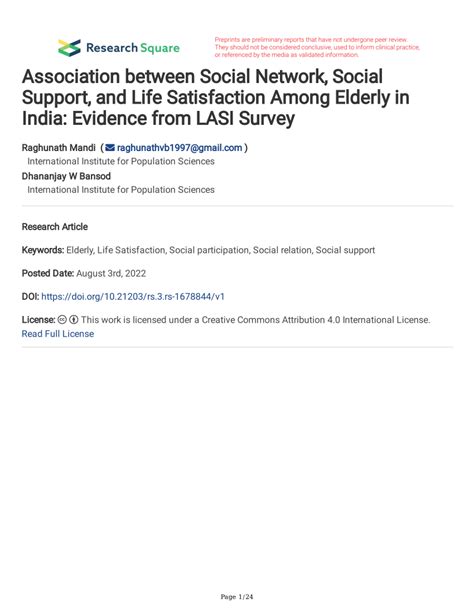 Pdf Association Between Social Network Social Support And Life