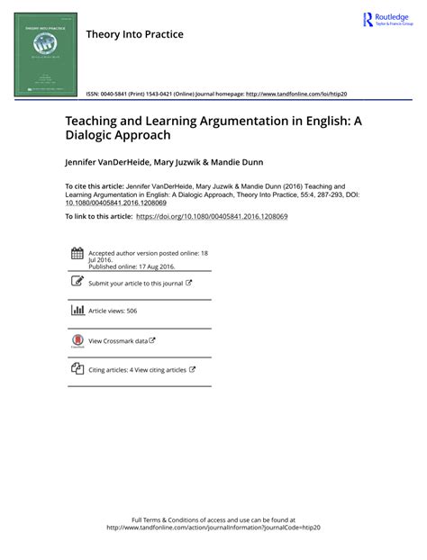 Pdf Teaching And Learning Argumentation In English A Dialogic Approach