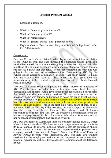 Tutorial Problem Week 3 Tutorial Problem Week 3 Learning Outcomes