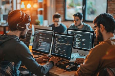 Brainstorming It Programmers Use Computer Together Software Engineers Develop App Program