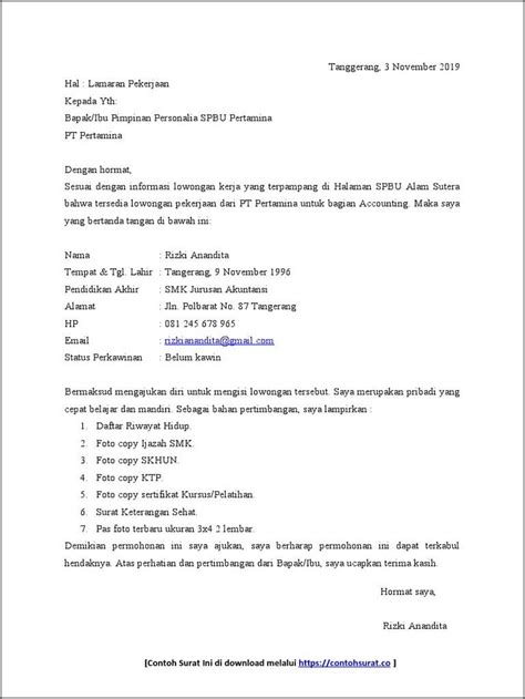 Contoh Surat Lamaran Kerja Di Pt Spbu Pertamina Surat Lamaran Kerja Desain Contoh Surat