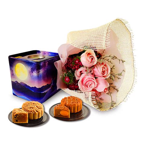 Rosy Mooncake 2pcs Halal Mooncakes Hamper T Set With Flowers