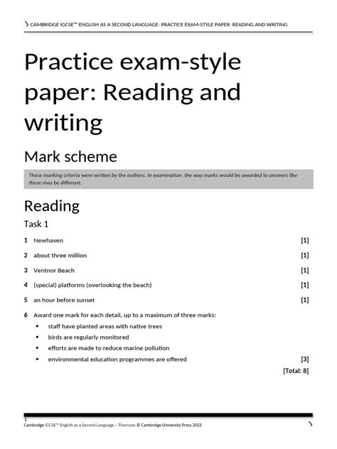Igcse Esl 6ed Tr Practice Exam Style Reading And Writing Marking Scheme Pdf Vocabulary