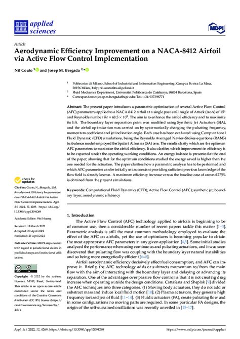 Pdf Aerodynamic Efficiency Improvement On A Naca 8412 Airfoil Via Active Flow Control