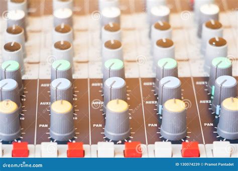 Close Up Volume Adjusting Knobs On Audio Mixer Controller In Control Room Stock Image Image Of