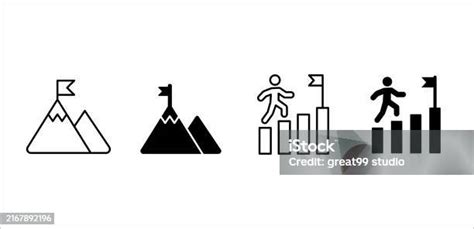 대상 산 아이콘 세트입니다 성장 차트 기호입니다 조준 및 목표 아이콘이 설정됩니다 목표 기호입니다 비즈니스 및 관리 아이콘 모음 벡터 스톡 일러스트 레이 션 플랫 실선 얇은