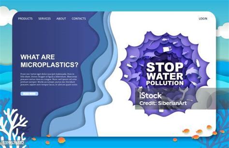 수질 오염 방문 페이지 디자인 웹 사이트 배너 벡터 템플릿을 중지합니다 미세 플라스틱이 해양 생물에 미치는 해로운 영향 바다에