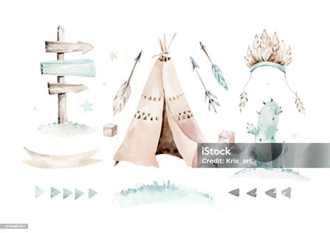 선인장 티피 텐트 전통적인 Wigwam 깃털 화살표 멕시코 민족 요소와 수채화 세트 보헤미안 파티 초대장 아기 소년 아기 샤워 와일드 웨스트 개척시대의 서부에 대한 스톡