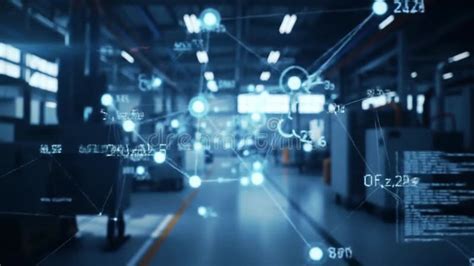 Abstract Network Overlays A Blurred Factory Interior Displaying Automated Processes And