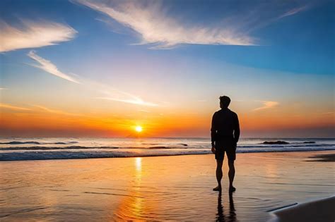 Premium Photo A Man Stands On A Beach In Front Of A Sunset