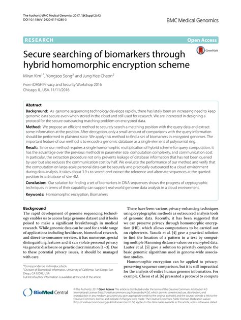 Pdf Secure Searching Of Biomarkers Through Hybrid Homomorphic Encryption Scheme