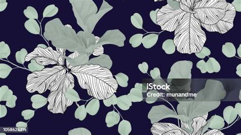 진한 파란색 배경에 파스텔 빈티지 테마 꽃 완벽 한 패턴 녹색 바이올린 잎 무화과 식물과 화 유칼립투스 나뭇잎 Fiddle Leaf Fig에 대한 스톡 벡터 아트 및 기타