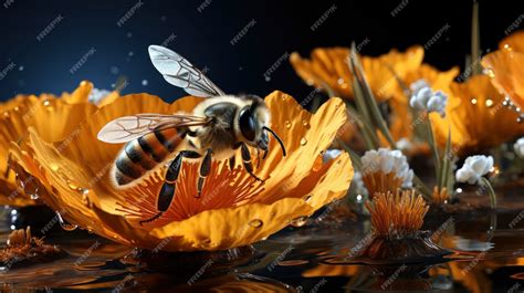 Premium Photo Pollinating Bee Posed On Flower Hd Background Wallpaper
