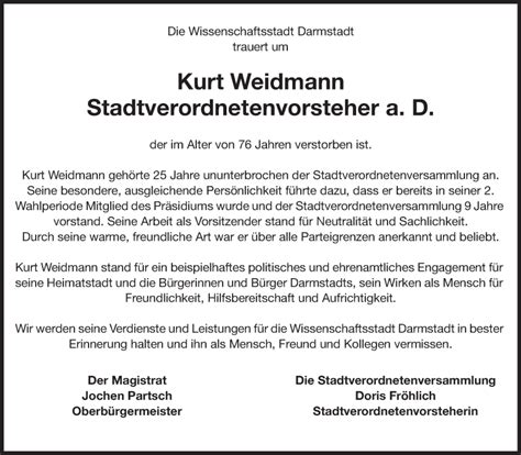 Traueranzeigen Von Kurt Weidmann Vrm Trauerde