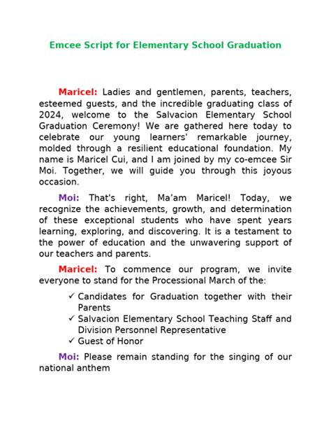Emcee Script For Salvacion Elementary School Graduation 2024 Pdf