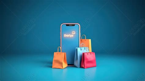 스마트폰 파란색 배경에 전자상거래 가방을 사실적으로 3d 렌더링한 온라인 쇼핑 개념 사실 배경 실적 배경 사실적 배경 이미지 Hd 사실 실적 사실적 배경 사진