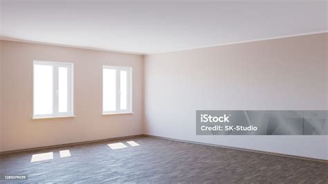 베이지 색 벽 어두운 마루 바닥 두 개의 흰색 플라스틱 창문 그리고 나무 주각 윈도우에 작업 경로와 태양에 의해 조명 8k 울트라 Hd 인테리어 코너 가정의 방에 대한 스톡