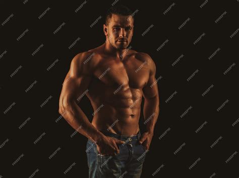 Naakt Man Torso Denim Mode Naakte Gespierde Man In Spijkerbroek Sexy Topless Gespierde Fitnes