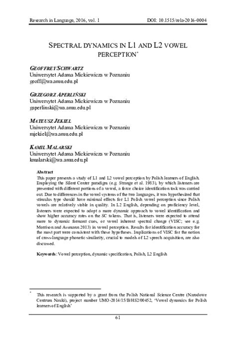 Pdf Spectral Dynamics In L1 And L2 Vowel Perception
