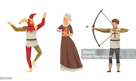 중세 도시의 주민 세트 제스터 농민 궁수 문자 벡터 일러스트 남성에 대한 스톡 벡터 아트 및 기타 이미지 남성 만화 문화 Istock