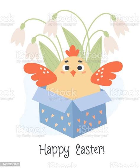봄 꽃 헌병의 꽃다발과 함께 선물 상자에 귀여운 치킨 행복한 부활절 인사말 카드입니다 만화 플랫 스타일의 벡터 그림 4월에 대한 스톡 벡터 아트 및 기타 이미지 Istock