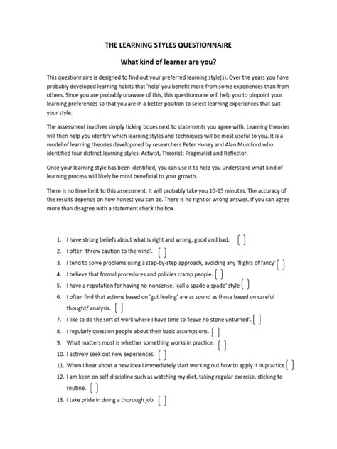 The Learning Styles Questionnaire Pdf Learning Styles Learning
