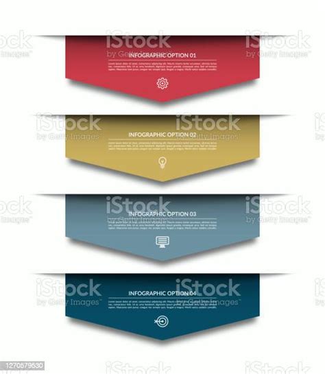 4 개의 아래쪽 다채로운 종이 화살표가있는 인포 그래픽 템플릿 다이어그램 차트 웹 디자인에 사용할 수 있습니다 4가지 개체에 대한 스톡 벡터 아트 및 기타 이미지 Istock