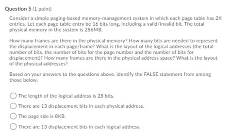 Solved Question 5 1 Point Consider A Simple Paging Based