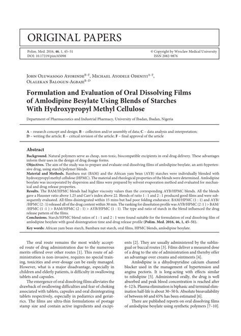 Pdf Formulation And Evaluation Of Oral Dissolving Films Of Amlodipine Besylate Using Blends Of