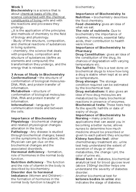 Biochem Notes Week Biochemistry Is A Science That Is About