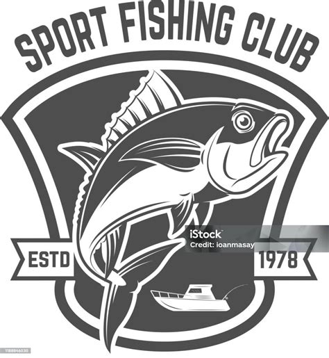 스포츠 낚시 클럽 참치 물고기와 엠블럼 템플릿입니다 레이블 기호 포스터에 대한 설계 요소입니다 벡터 일러스트레이션 강에 대한 스톡 벡터 아트 및 기타 이미지 Istock