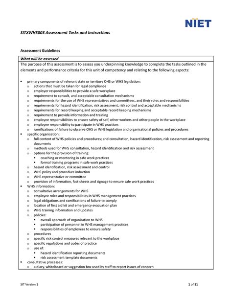 Sitxwhs Assessment Short Answer V SITXWHS Assessment Tasks And Instructions