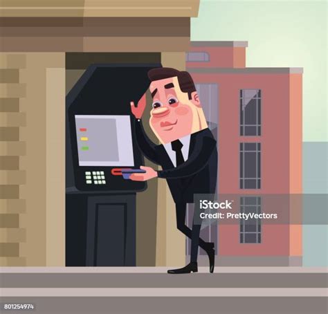 부유한 사업가 사무실 작업자 문자 Atm 돈 거래에서 돈을 철수 웃 고 행복 한 고객에 대한 스톡 벡터 아트 및 기타 이미지 고객 교환 구매 Istock