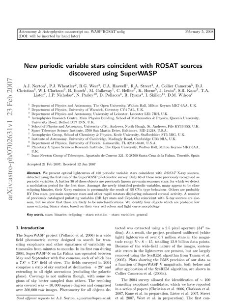 Pdf New Periodic Variable Stars Coincident With Rosat Sources Discovered Using Superwasp