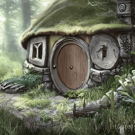 Hobbit Hut Cottage In Overgrown Ancient Trees High Fantasy Digital Art Cartoon Creative Fabrica