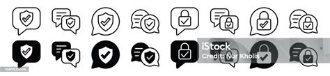 대화 보안 가는 선 아이콘입니다 채팅 보안 및 보호 아이콘 기호입니다 말풍선 또는 방패 자물쇠 확인 표시 아이콘 기호가 있습니다 벡터 일러스트 레이 션 대화 풍선 문자