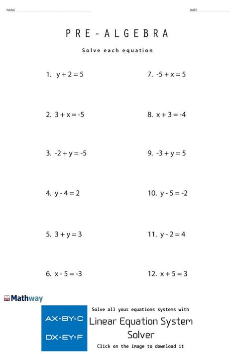 Pre Algebra Equations With Answers