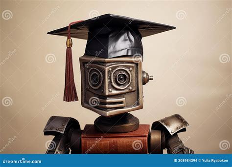 ai robot in graduation cap and work desks in row education concept royalty free illustration